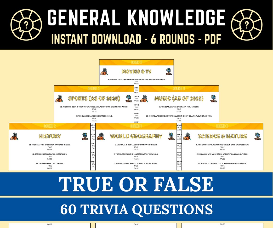 True or False General Knowledge Trivia Game, Printable True or False ...