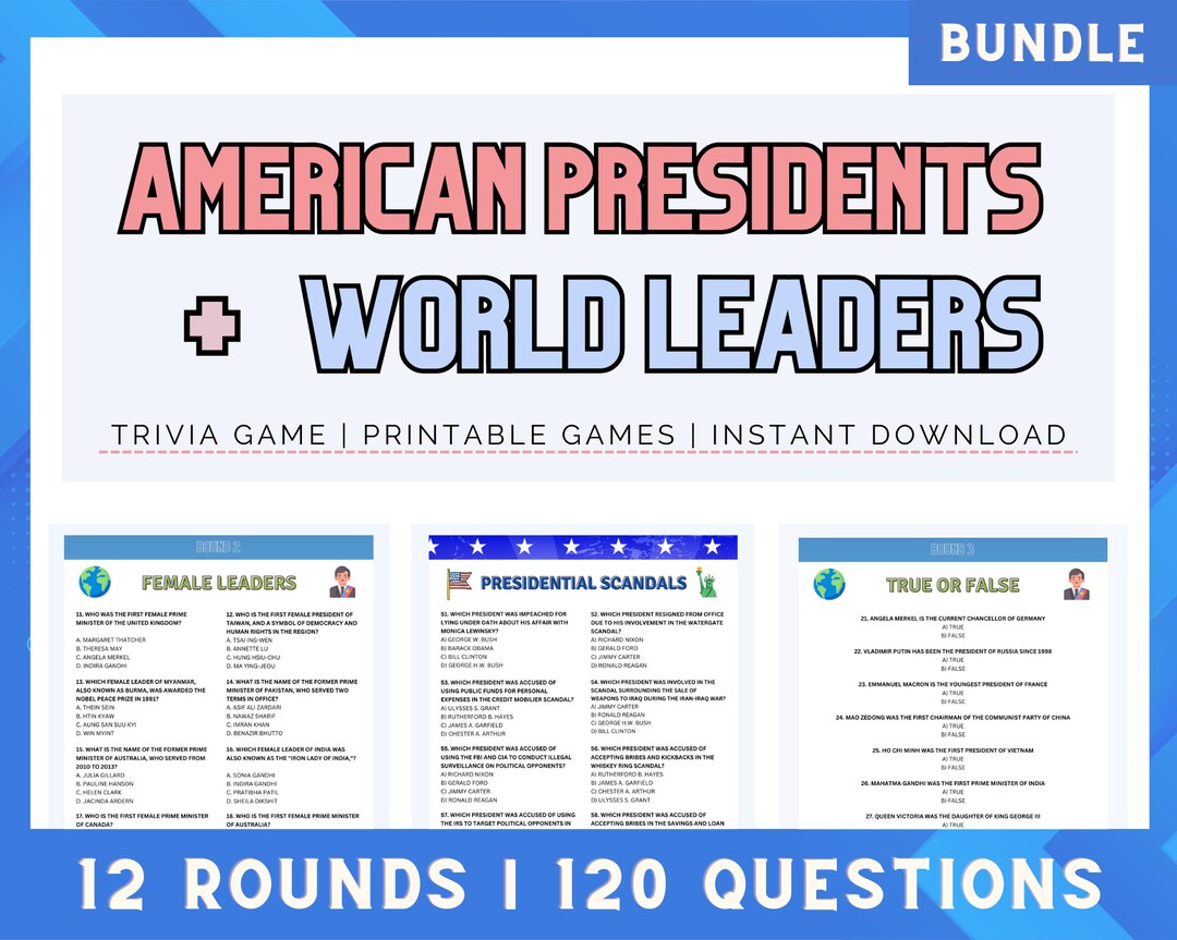 World Leaders Trivia & US Presidential Trivia Printable Trivia Bundle ...