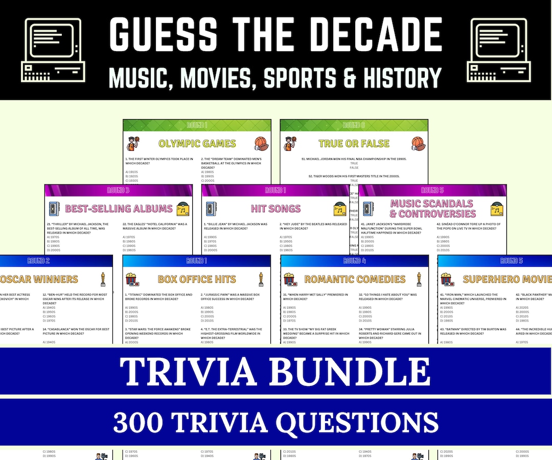 Guess the Decade: Sports, Movies, Musics & History Trivia Bundle ...