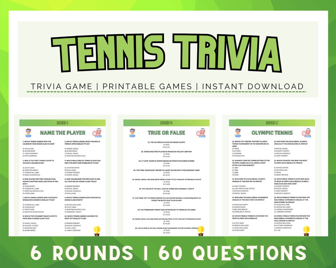 Tennis Trivia Printable Trivia Game 60 Trivia Questions for Trivia ...