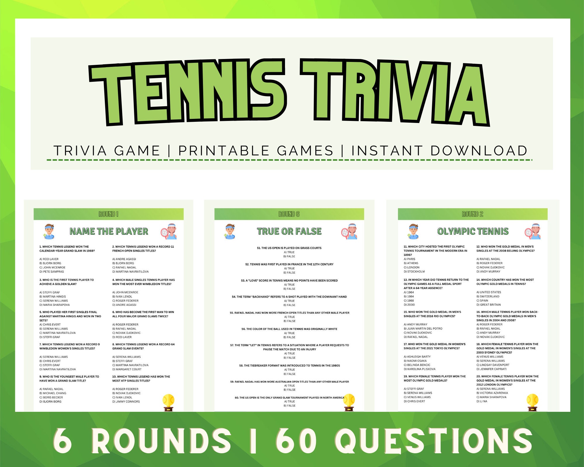 Tennis Trivia Printable Trivia Game 60 Trivia Questions for Trivia ...