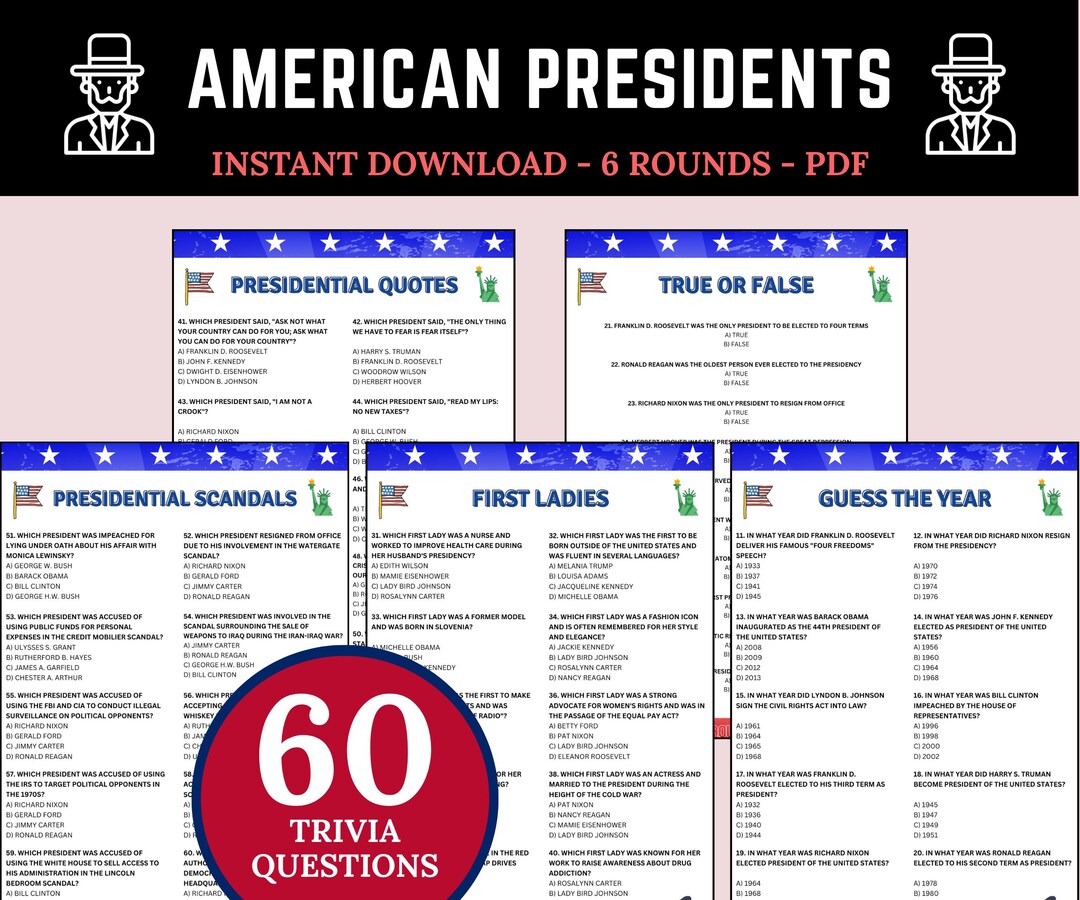 United States President Trivia | Printable Trivia Game | 60 Trivia ...