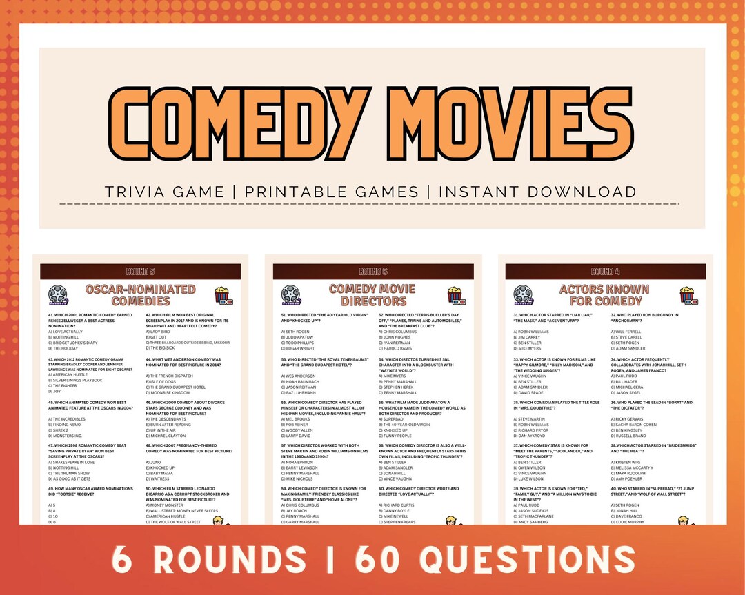 Comedy Movies Trivia | Fun Printable Trivia Game | Trivia Night ...