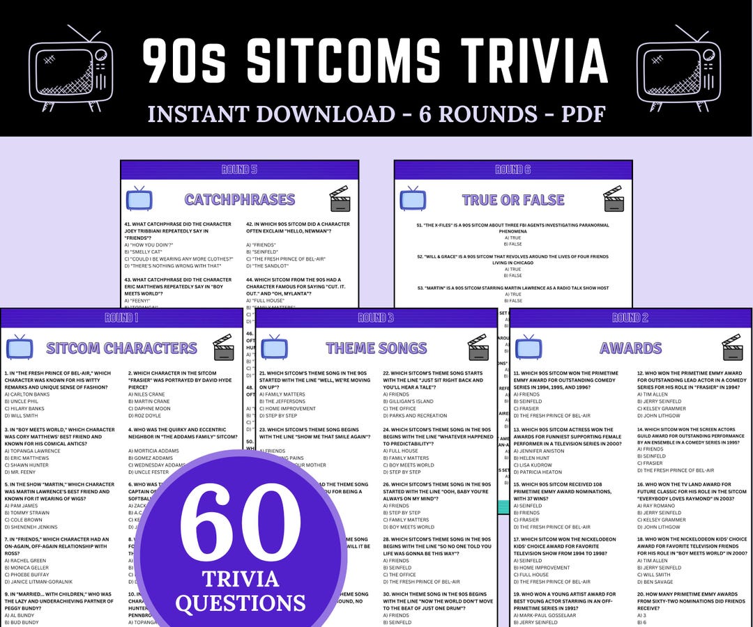 90s Sitcoms Trivia | Fun Printable Trivia Game | Trivia Questions for ...