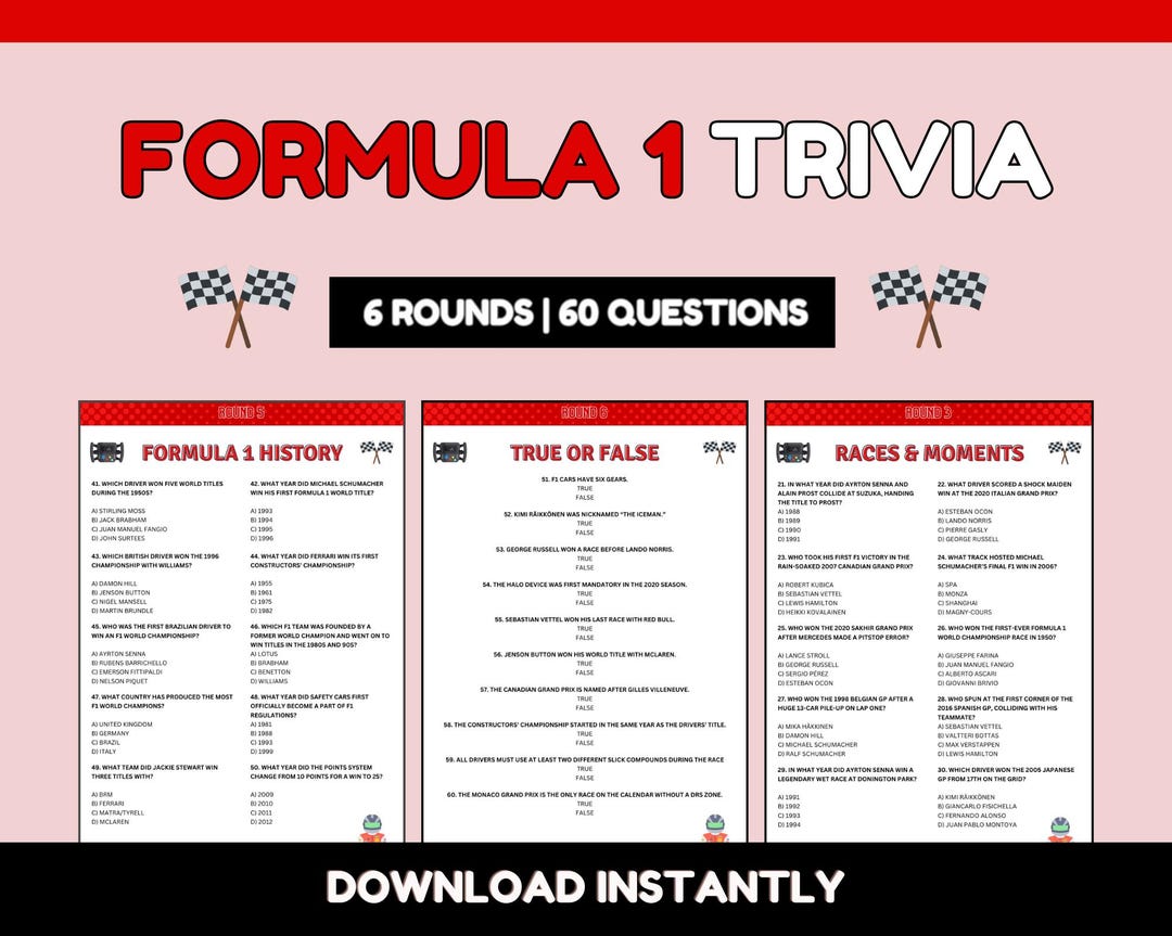 Formula 1 Trivia Game Printable | Race Watch Party Game | Formula 1 Party Quiz | Formula 1 Fan ...