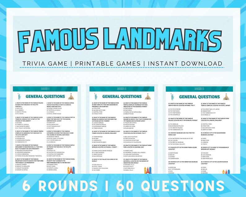 Famous Landmarks Trivia Printable Fun Trivia Game 60 Trivia Questions ...