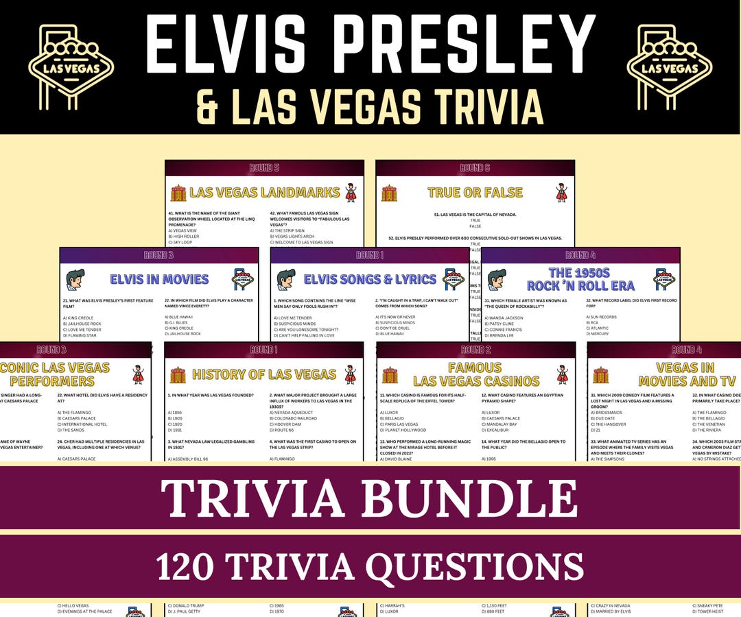 Elvis Presley Trivia & Las Vegas Trivia Bundle, Printable Rock and Roll ...