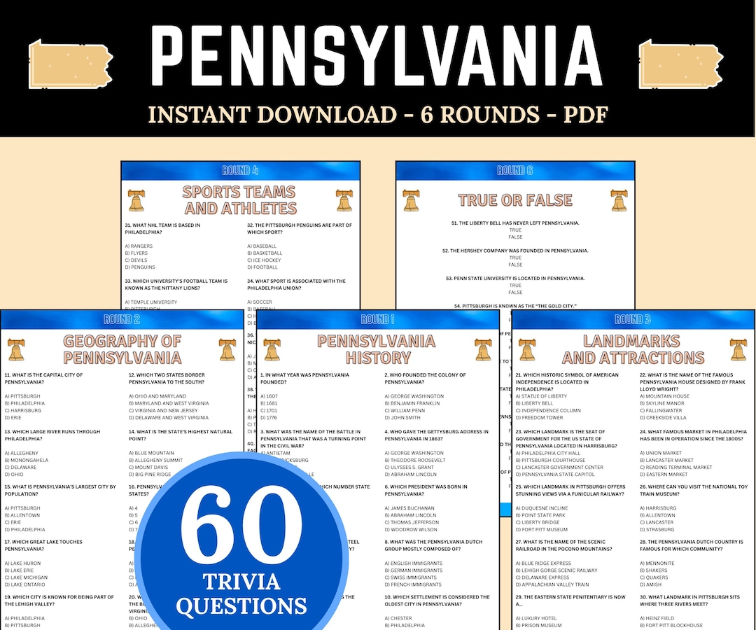 Pennsylvania Trivia Game, Printable US States Quiz, Fun Pennsylvania ...