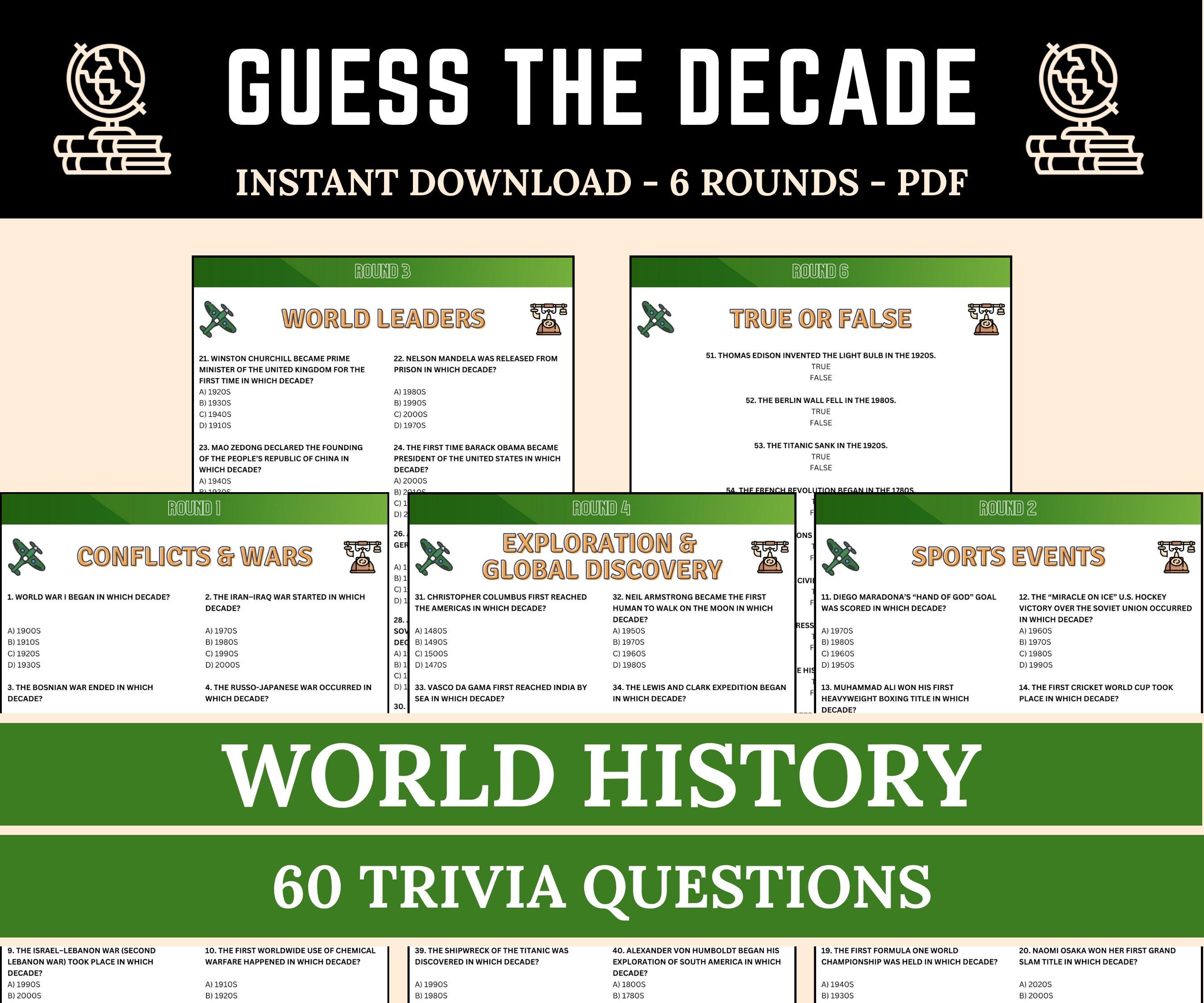 Guess the Decade World History Trivia | Printable Educational History ...
