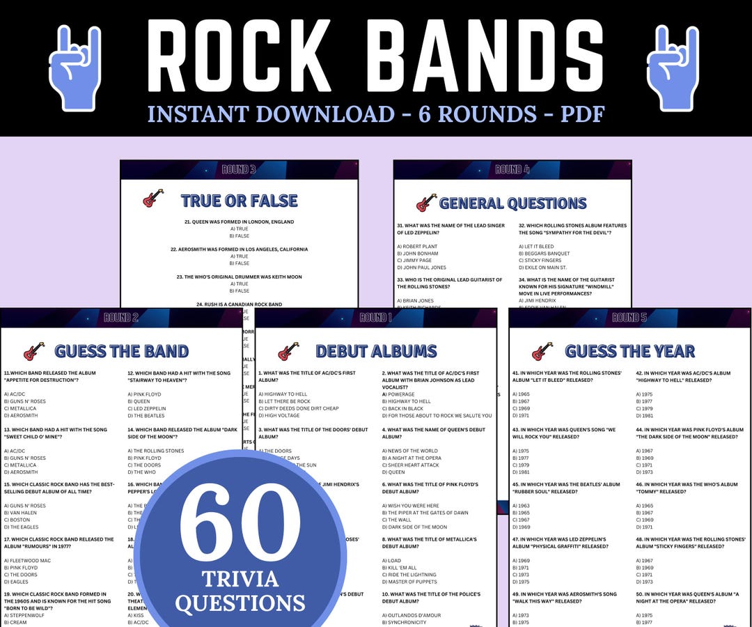 Classic Rock Bands Trivia | | Rock Star Trivia | Printable Trivia Game ...