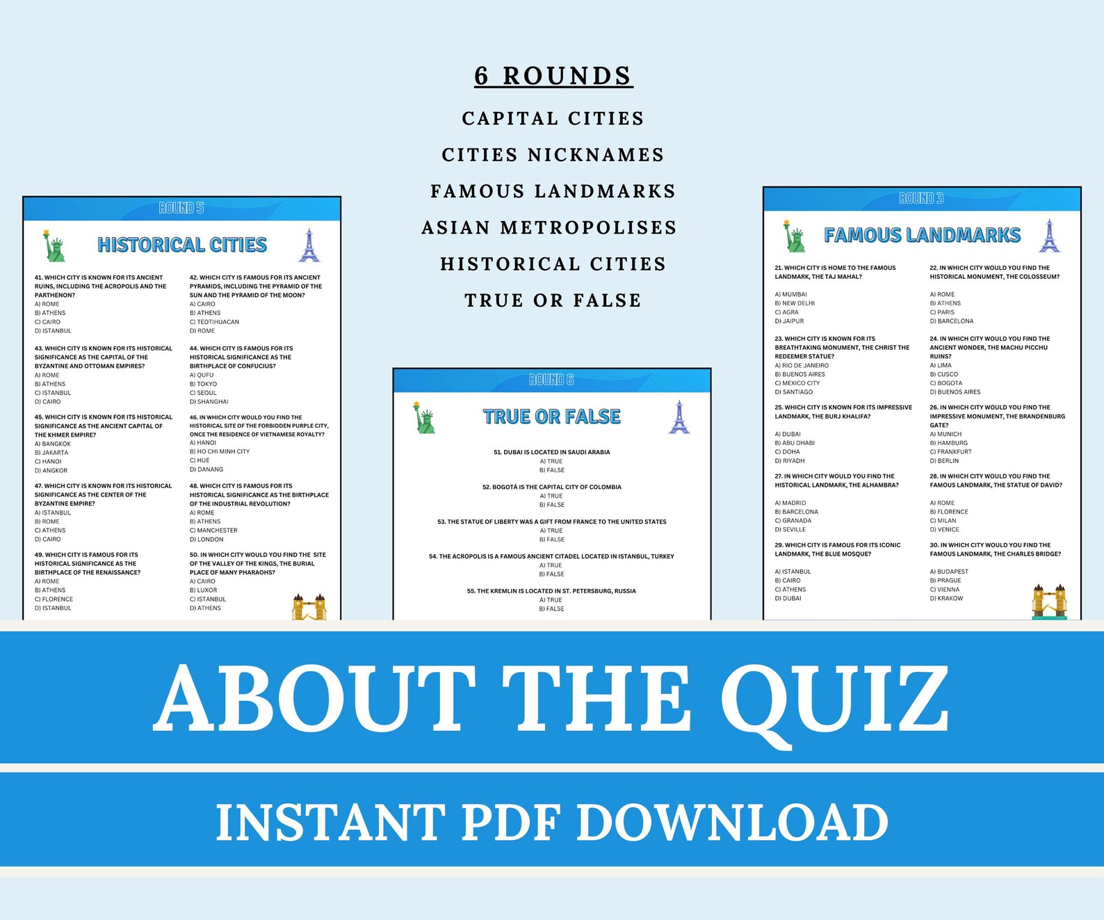 Major Cities Trivia | Printable Capital Cities Quiz | Trivia Questions ...