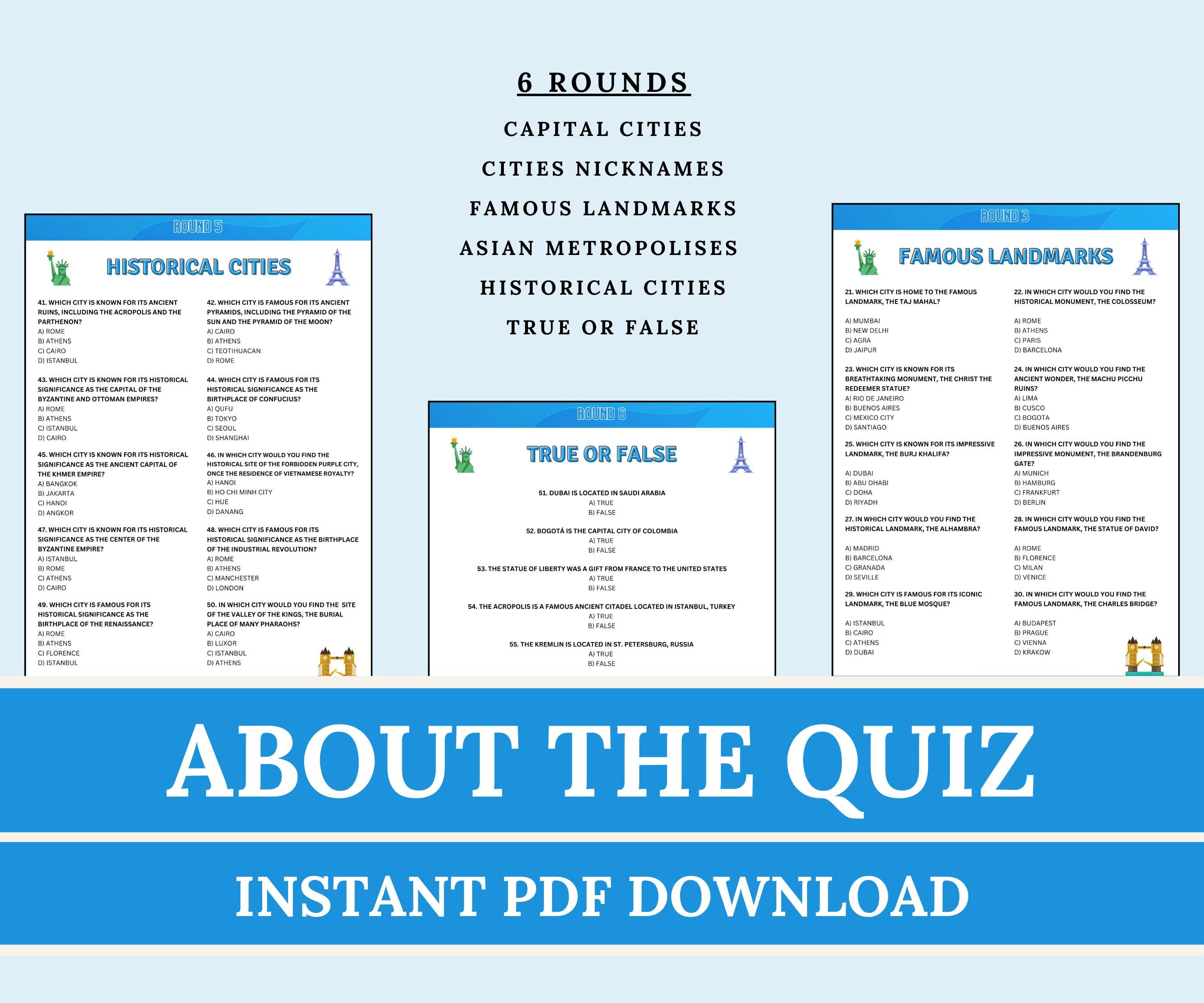 Major Cities Trivia | Printable Capital Cities Quiz | Trivia Questions ...