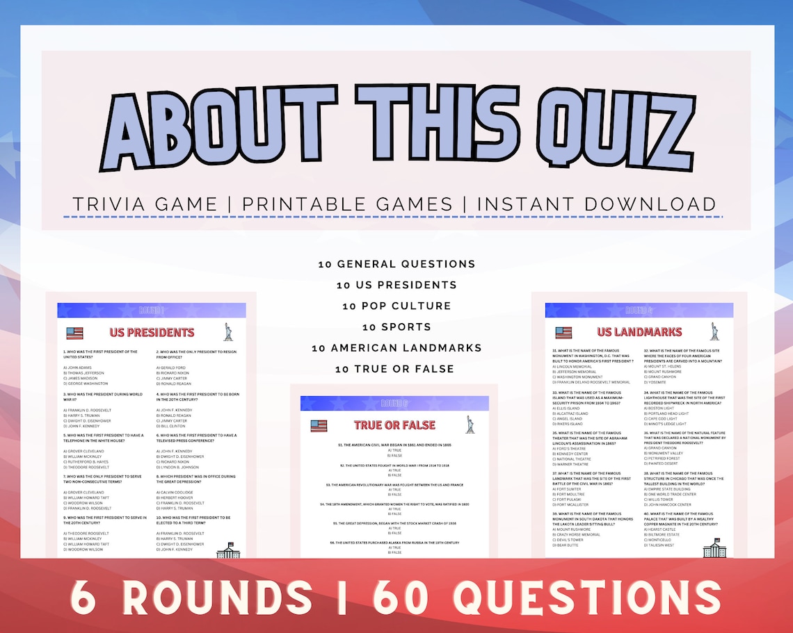 American History Trivia | Printable Trivia Game | Trivia Night ...