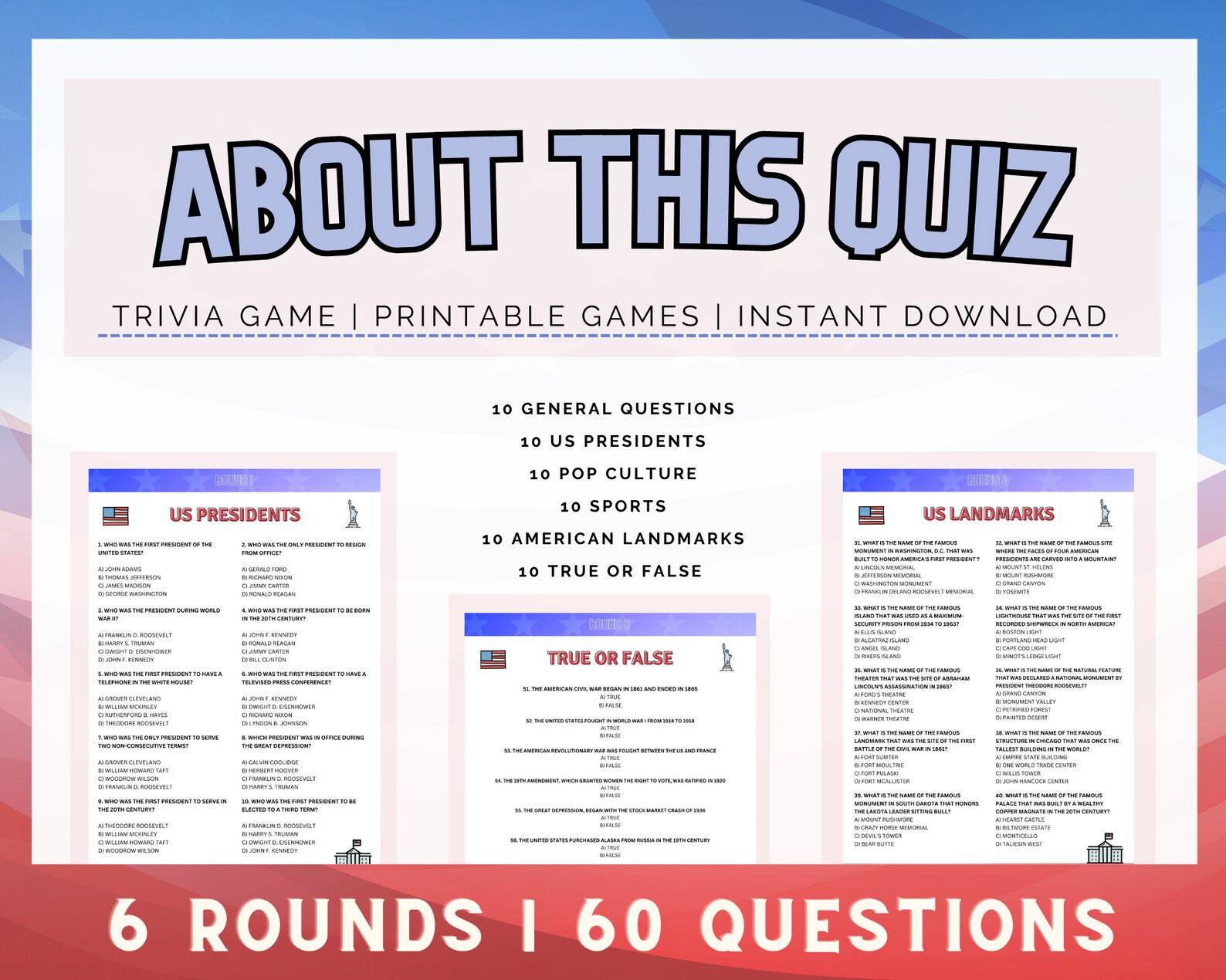 American History Trivia | Printable Trivia Game | Trivia Night ...
