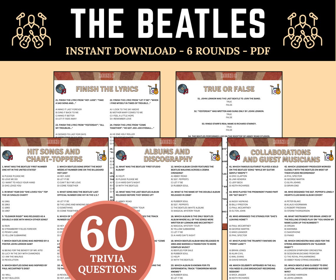 The Beatles Trivia Game, Printable Beatles Party Games, British Music ...