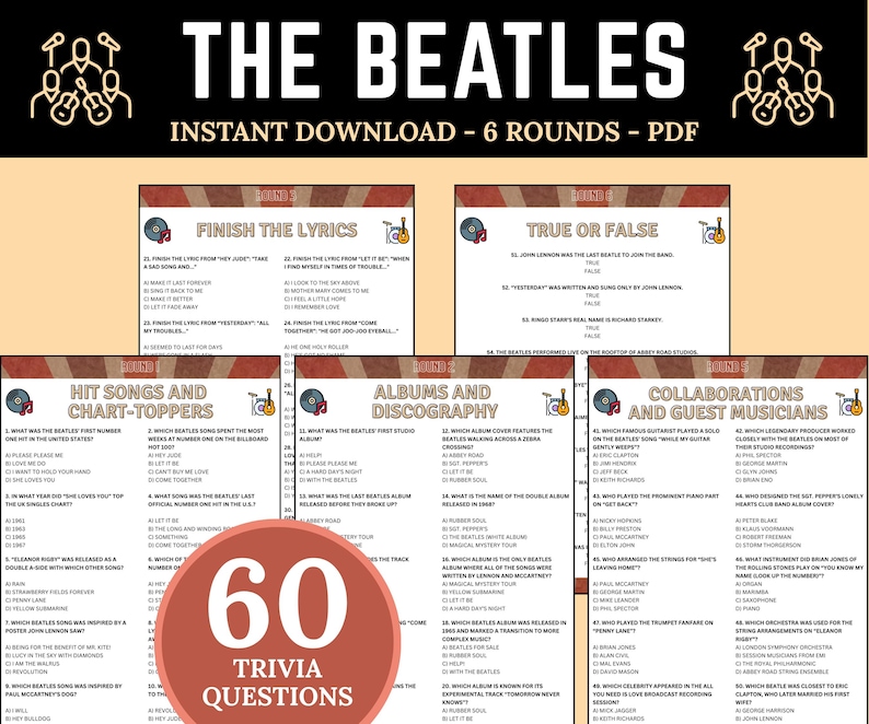 The Beatles Trivia Game, Printable Beatles Party Games, British Music ...