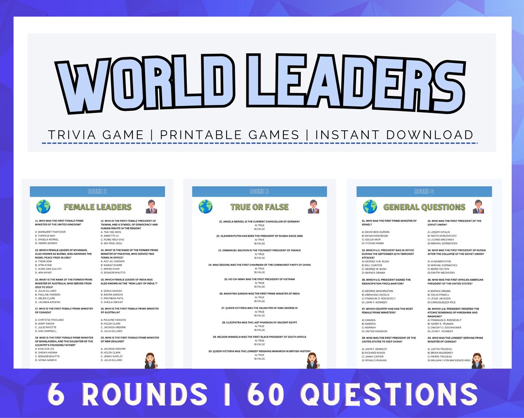 World Leaders Trivia Fun Printable Trivia Game 60 Trivia Questions for ...