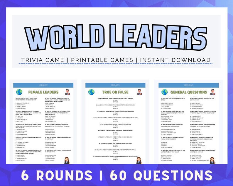 World Leaders Trivia Fun Printable Trivia Game 60 Trivia Questions for ...