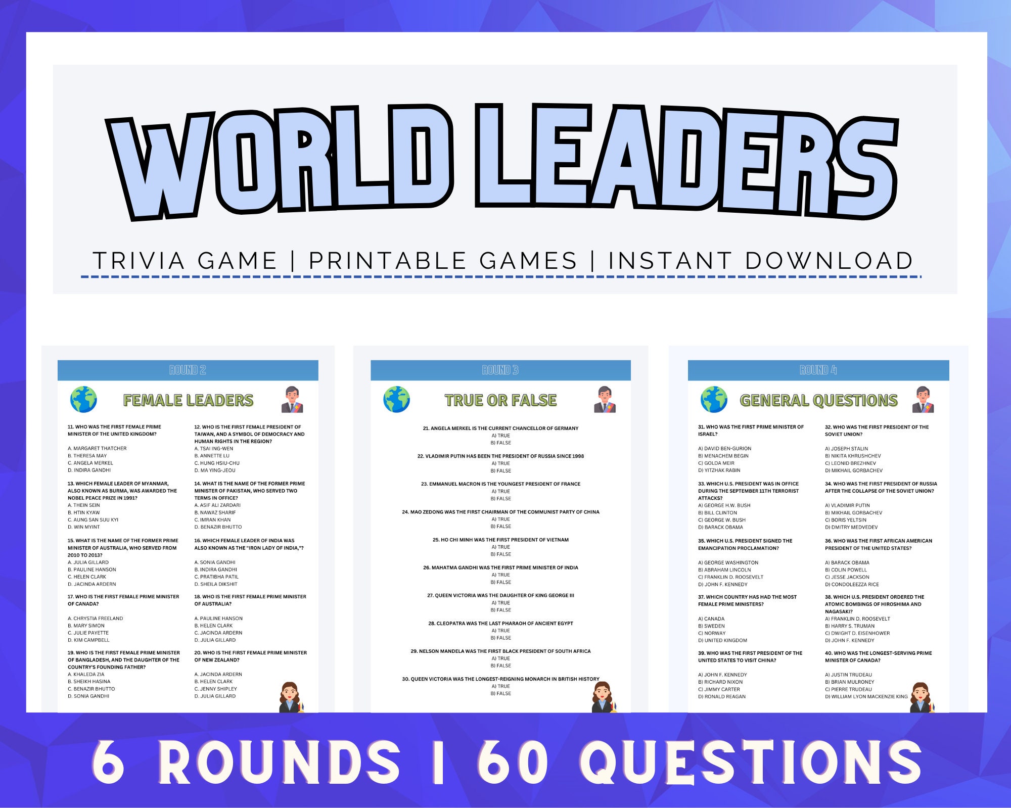 World Leaders Trivia Fun Printable Trivia Game 60 Trivia Questions for ...