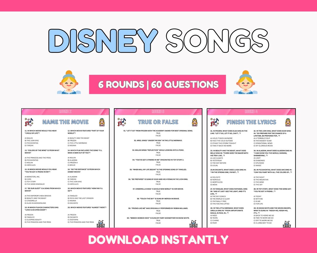 Disney Songs Trivia | Printable Disney Song Lyrics Game | Disney ...