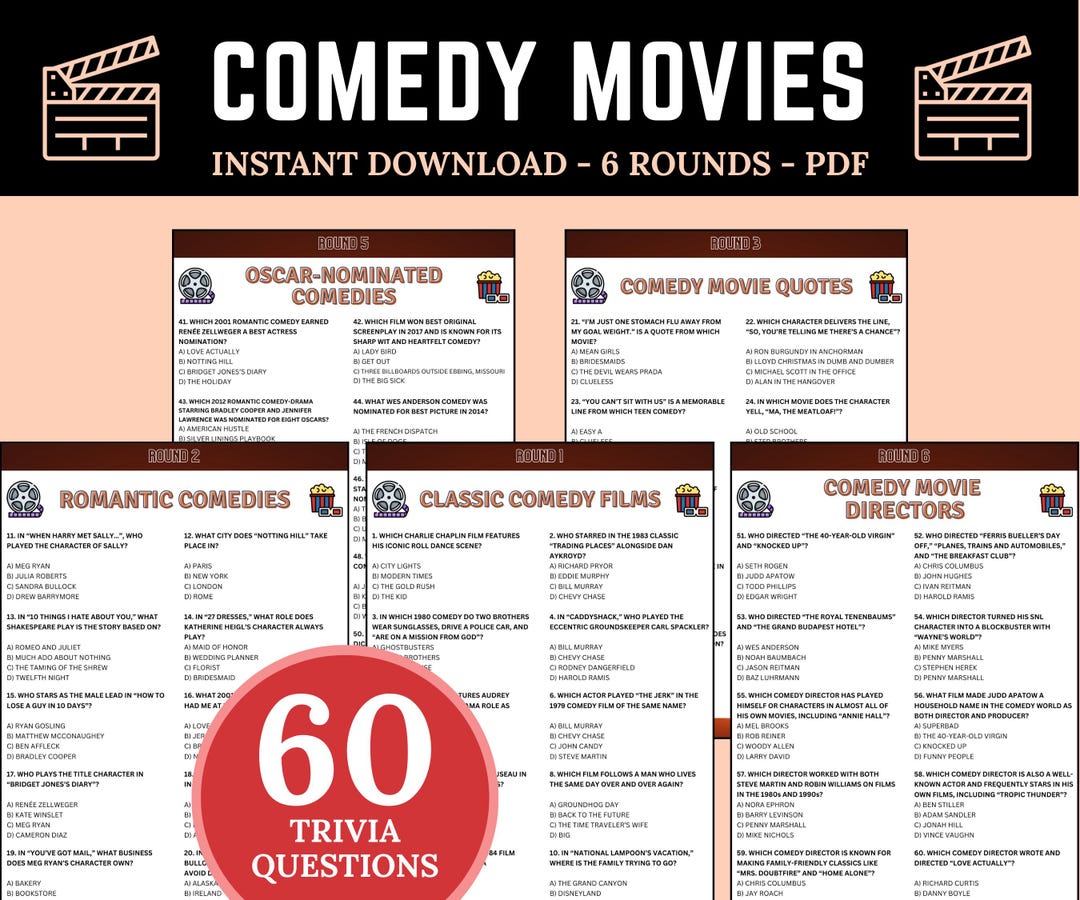 Comedy Movie Trivia Game Printable | Funny Film Quiz Questions for ...