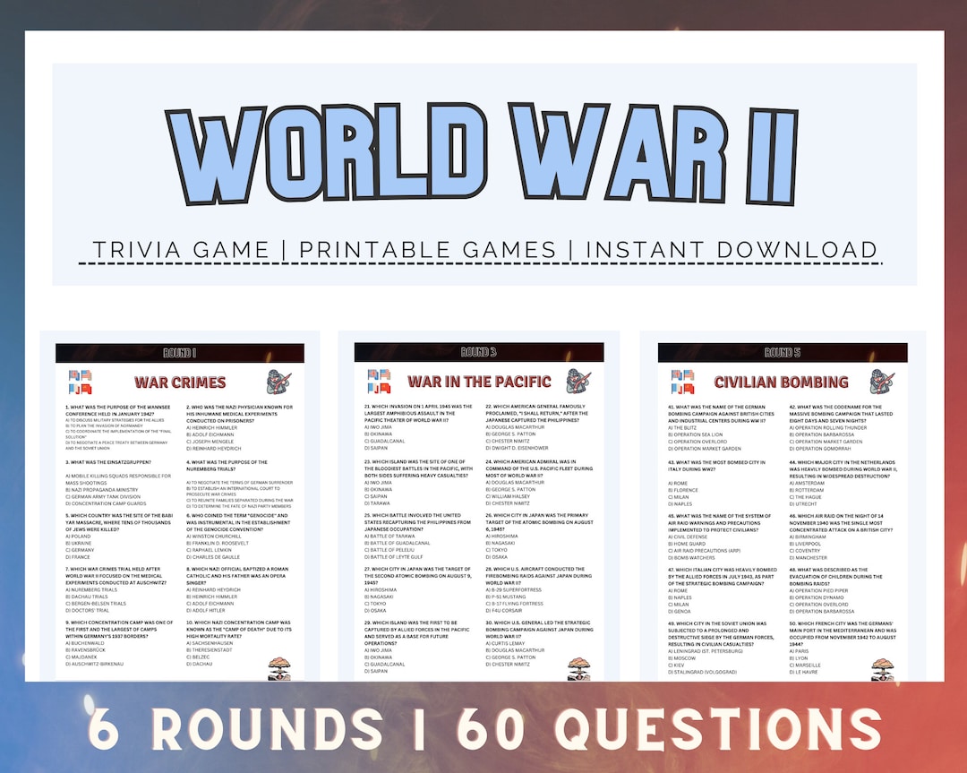 World War II Trivia Printable Trivia Game 60 Trivia Questions for a ...