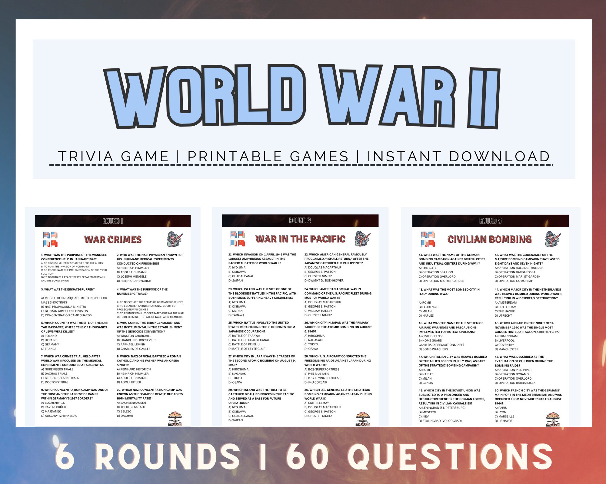World War II Trivia Printable Trivia Game 60 Trivia Questions for a ...