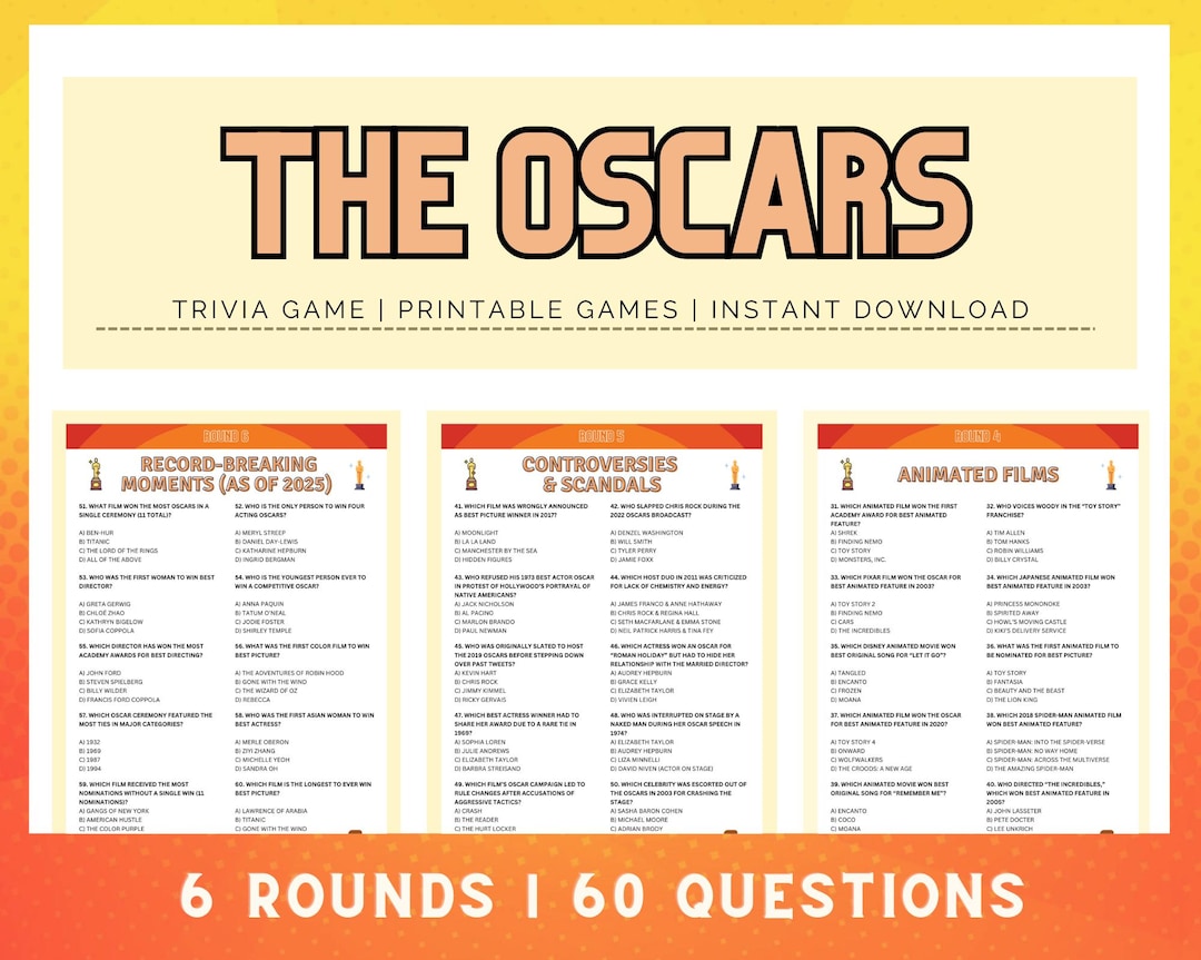 The Oscars Trivia | Awards Show Questions for Trivia Night | Printable ...