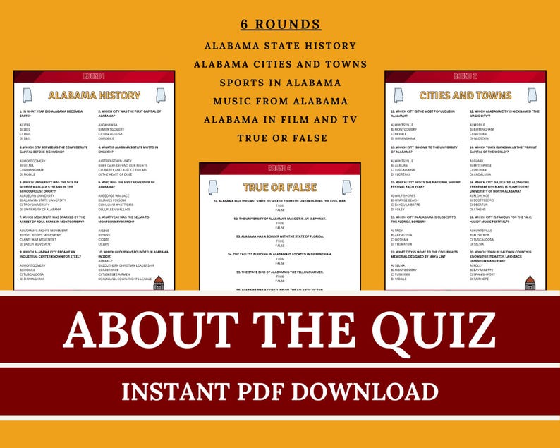 Alabama Trivia Game, Printable US State Quiz, America Trivia Questions ...