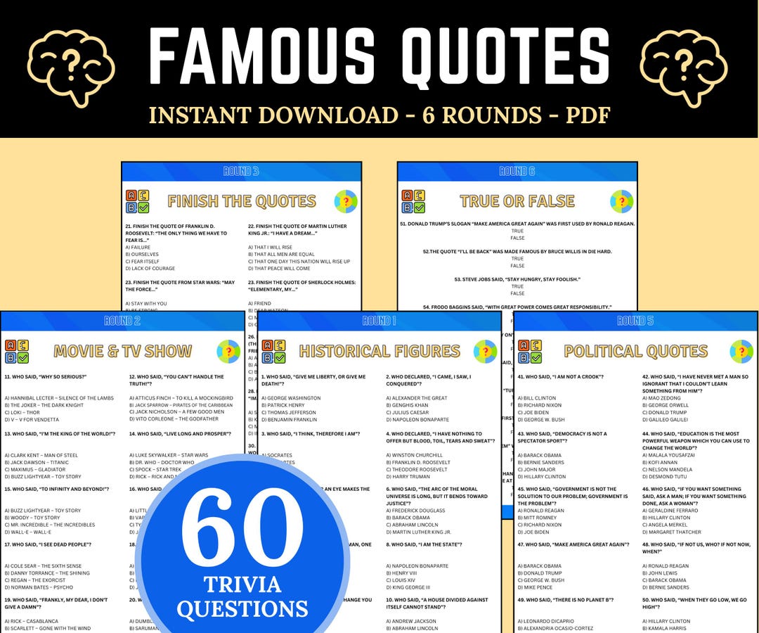 Famous Quotes Trivia Game | Finish the Quotes Quiz | Printable True or ...