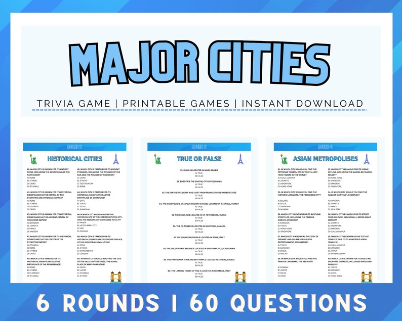 Major Cities Trivia Printable Trivia 60 Trivia Questions for a Trivia ...