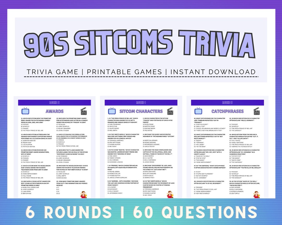 90s Sitcoms Trivia Fun Printable Trivia Game 60 Trivia Questions for ...