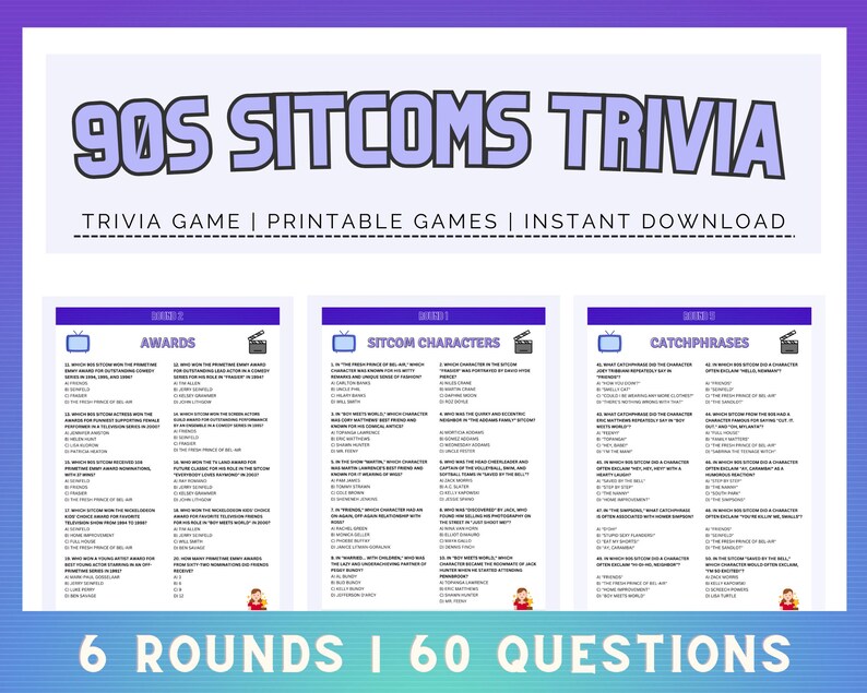 90s Sitcoms Trivia Fun Printable Trivia Game 60 Trivia Questions for Trivia Night TV Series ...