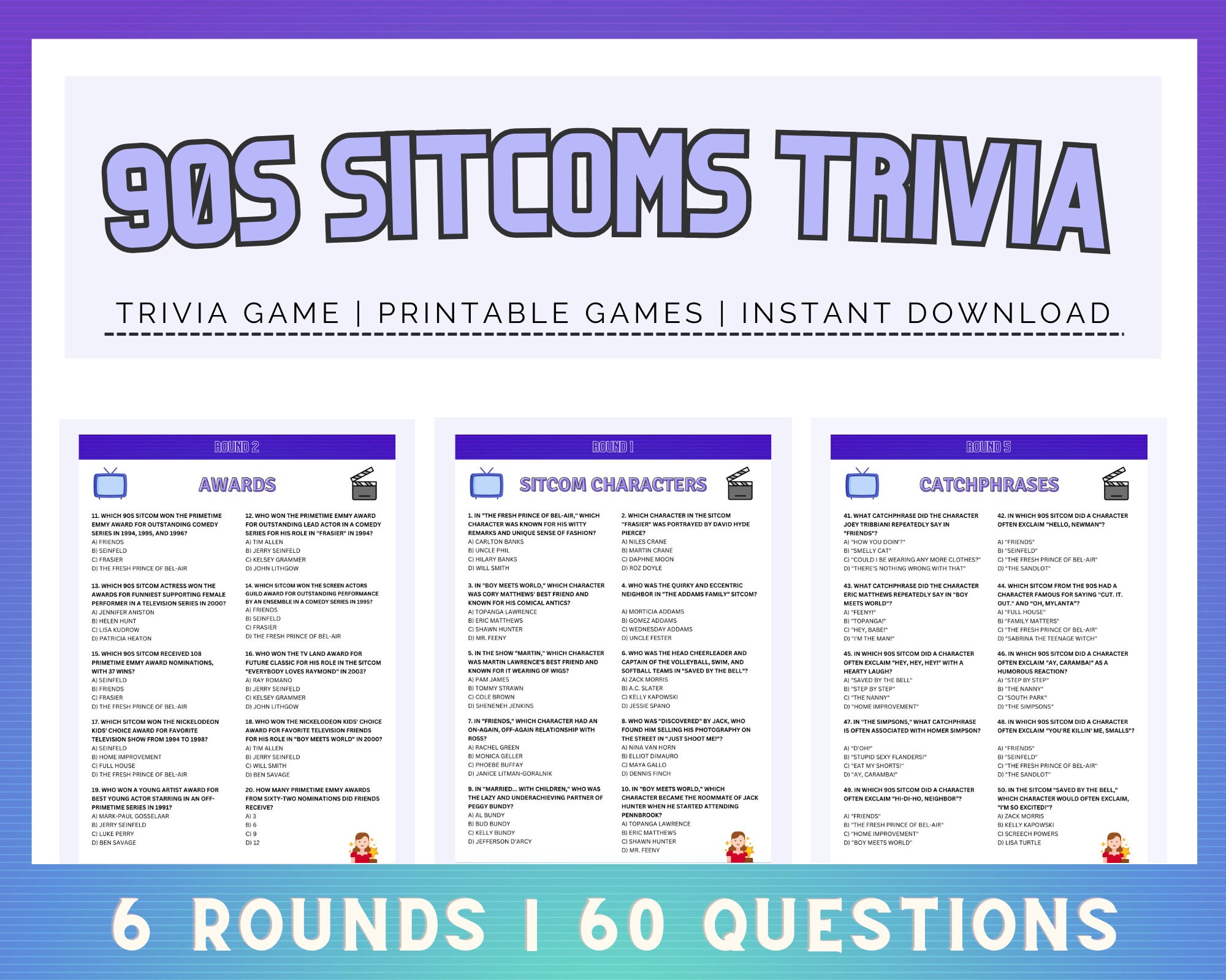 90s Sitcoms Trivia Fun Printable Trivia Game 60 Trivia Questions for ...