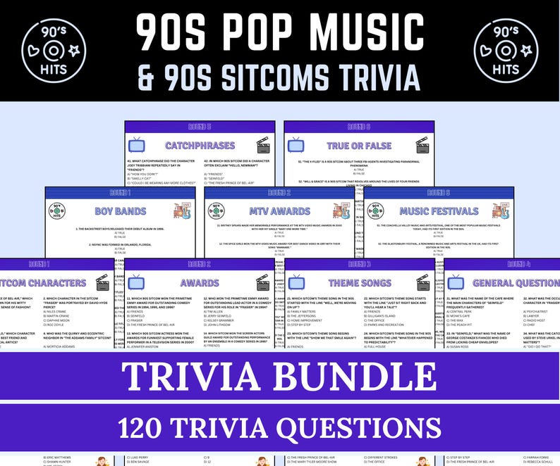90s Pop Music & 90s Sitcoms Trivia Bundle | 1990s Party Games for ...