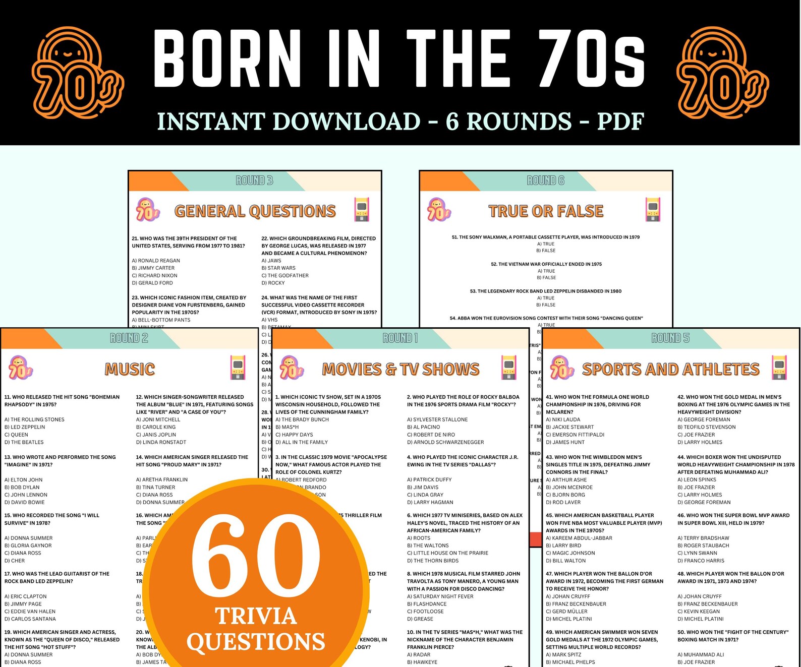 Born in the 70s Trivia | Printable Trivia Game | Fun Trivia Night ...