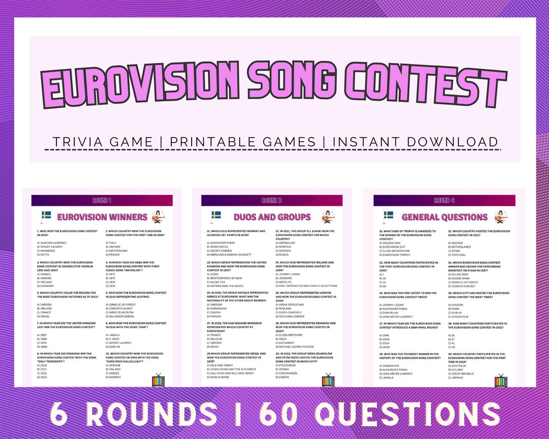 Eurovision Song Contest Trivia Fun Printable Trivia Game 60 Trivia ...