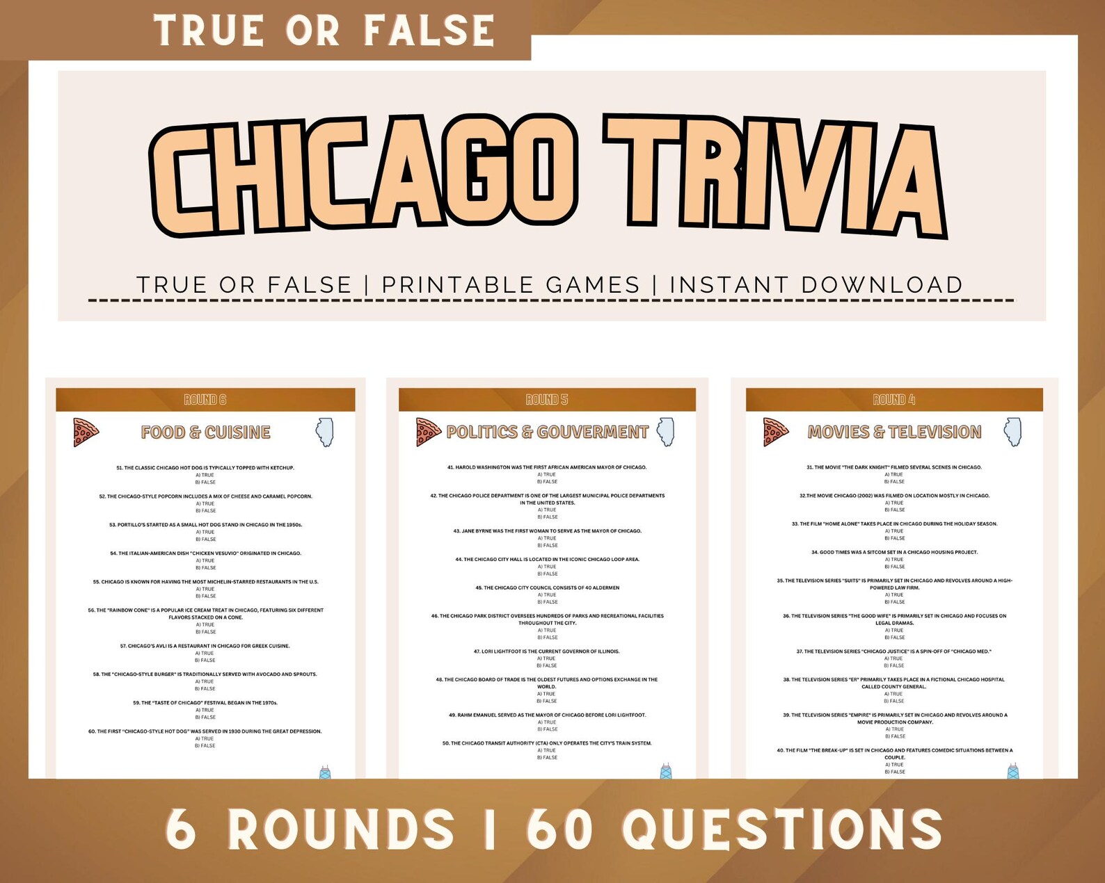 Chicago True or False Trivia | Printable Trivia Game | Trivia Night ...