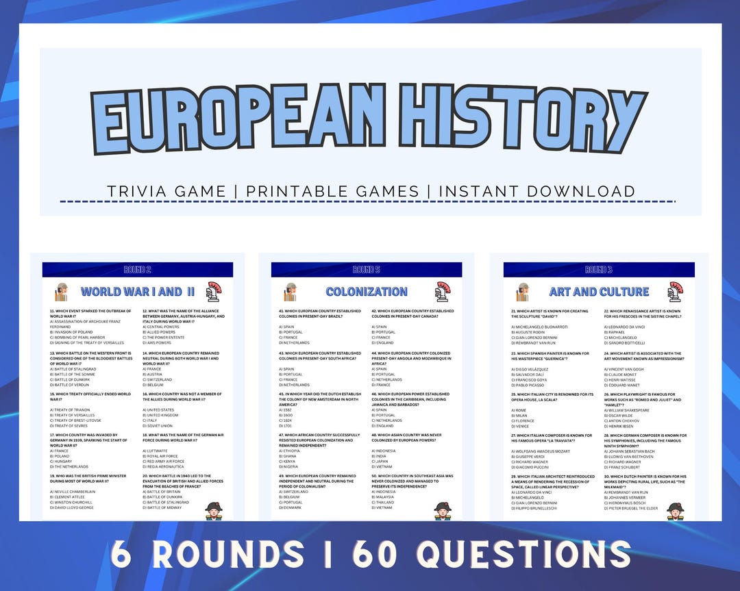 European History Trivia | Printable Trivia Game | Trivia Questions for ...