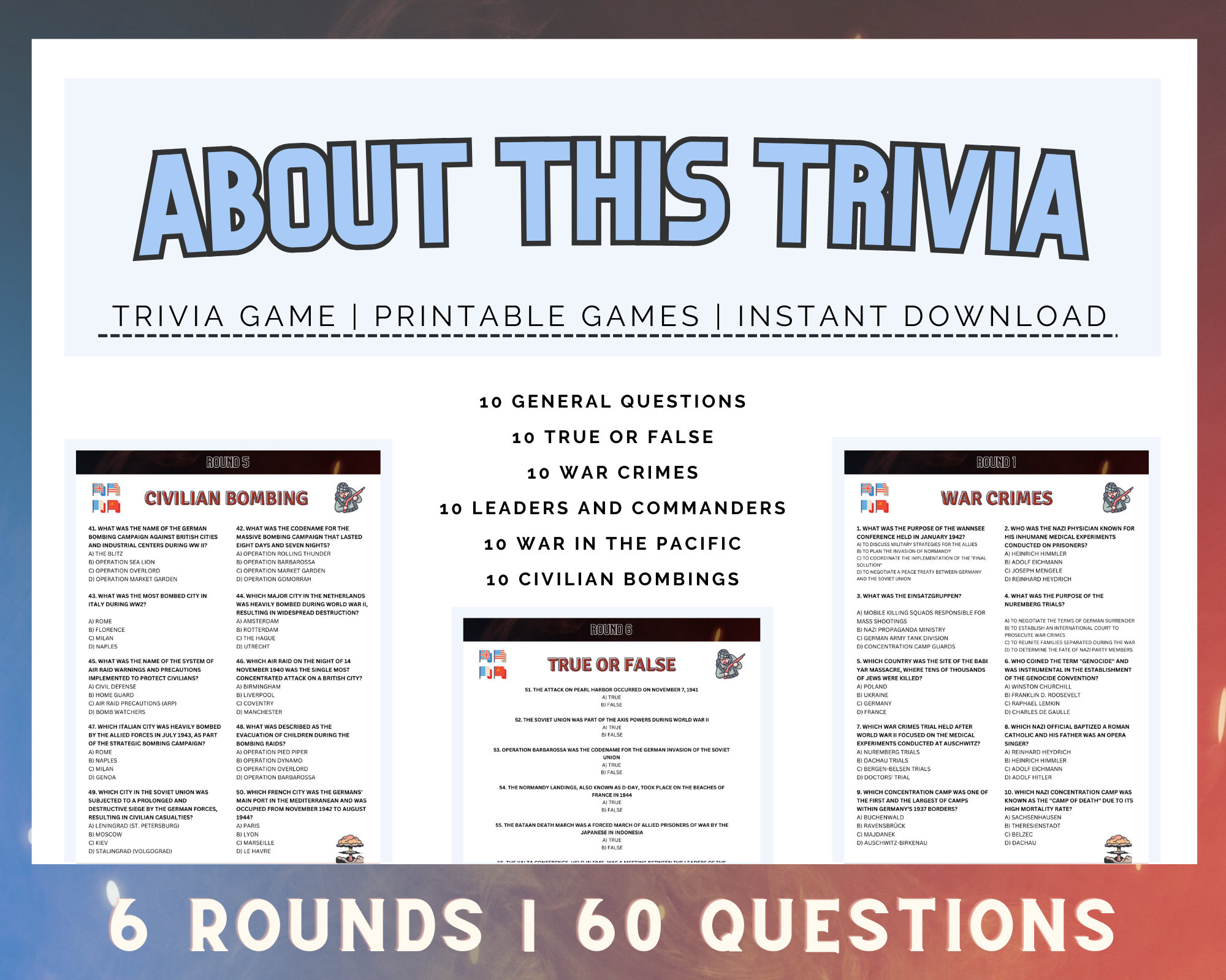 World War II Trivia | Printable Trivia Game | 60 Trivia Questions for a ...