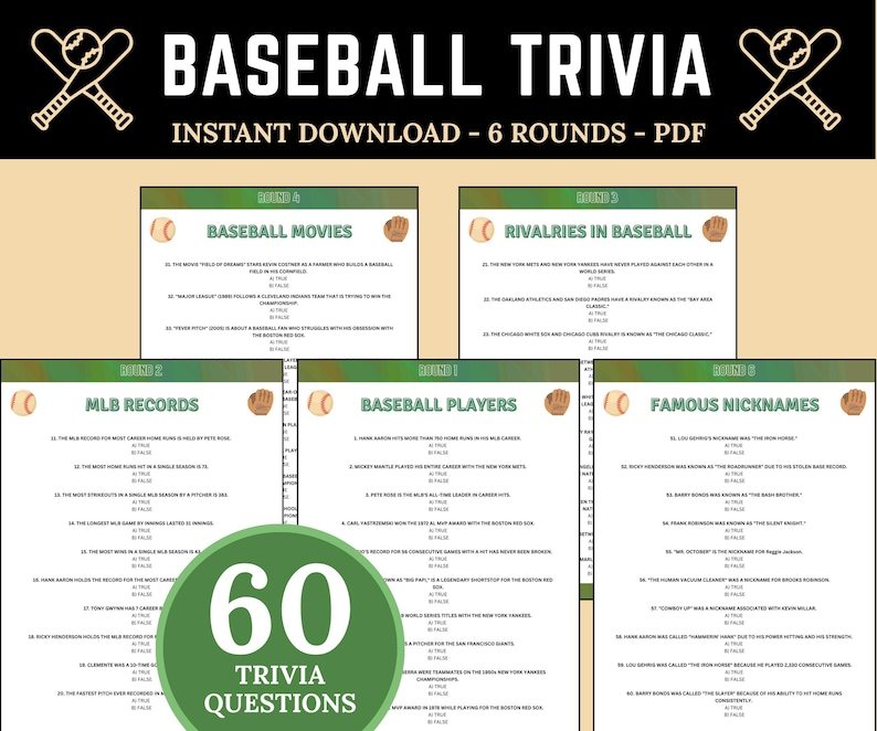 Baseball Trivia | Printable True or False Sports Quiz | Baseball ...