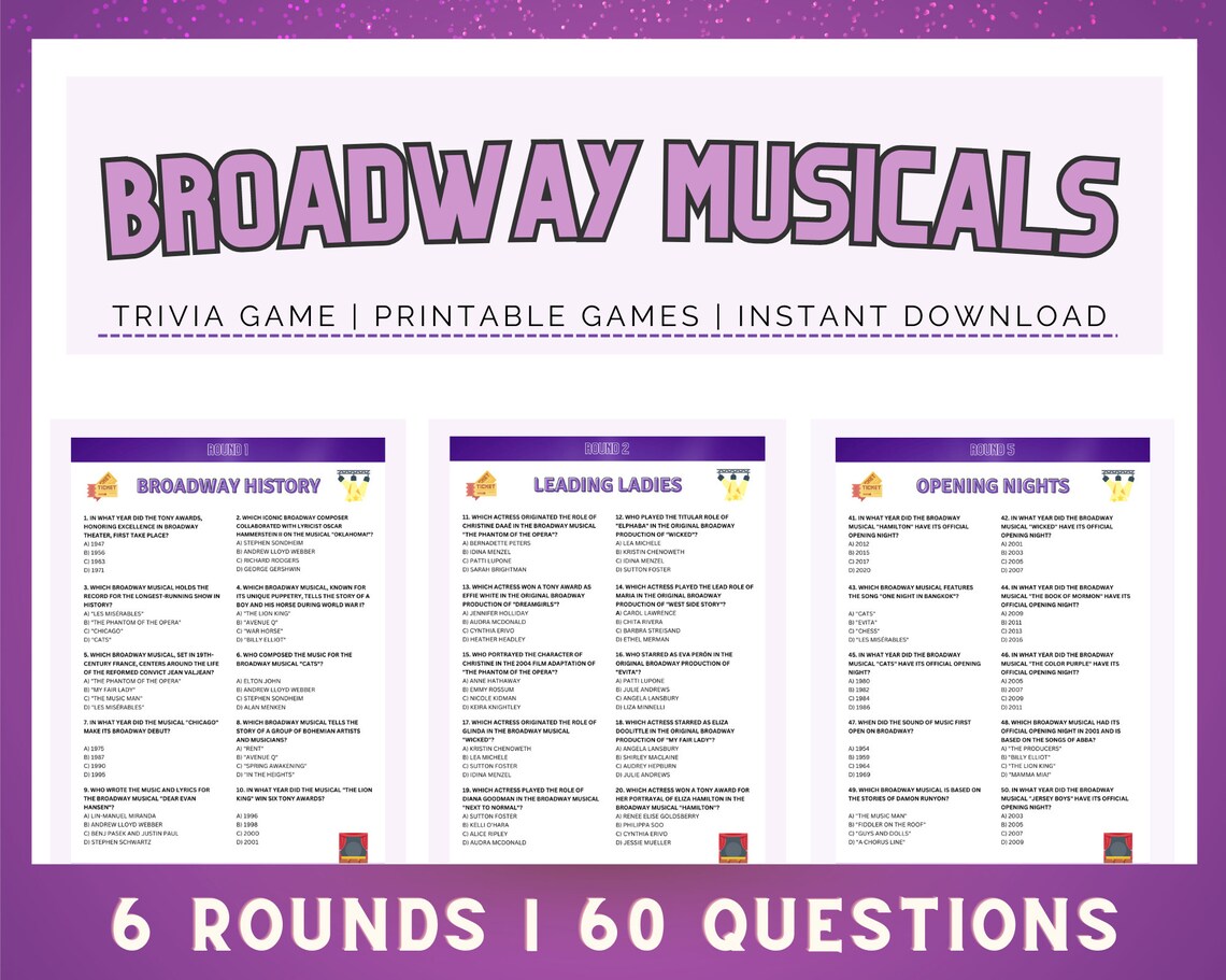 Broadway Musicals Trivia | Printable Trivia Game | 60 Trivia Night ...