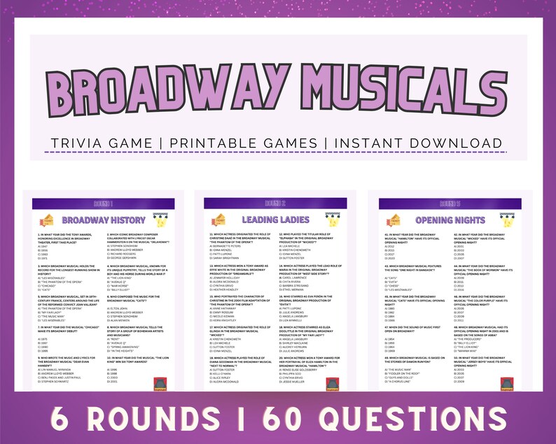 Broadway Musicals Trivia | Printable Trivia Game | 60 Trivia Night ...
