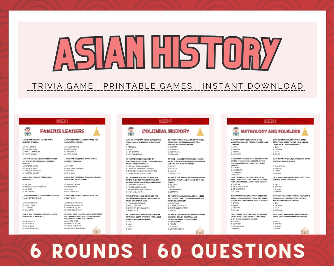 Asian History Trivia Printable Trivia Game 60 Trivia Questions for a ...