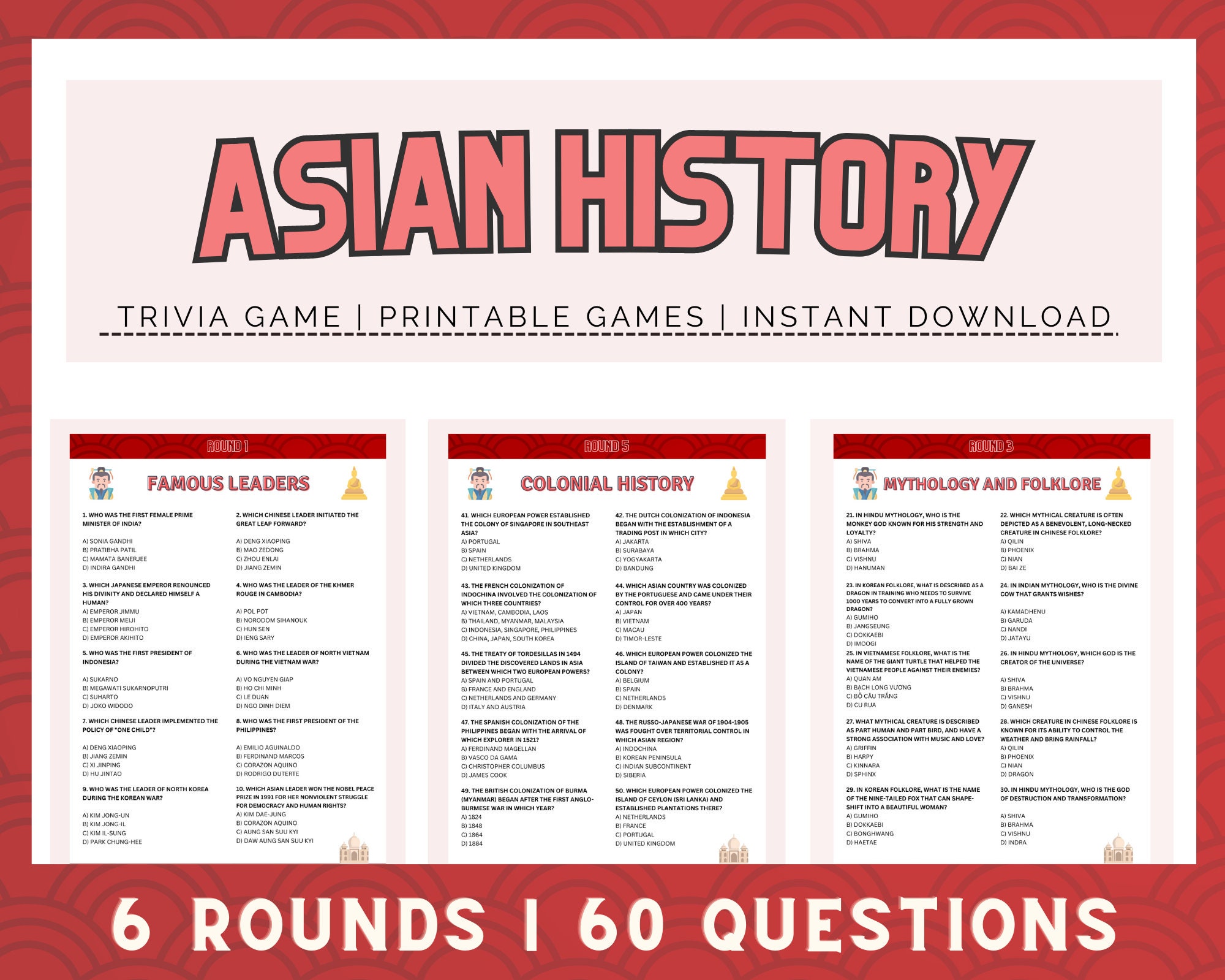 Asian History Trivia Printable Trivia Game 60 Trivia Questions for a ...