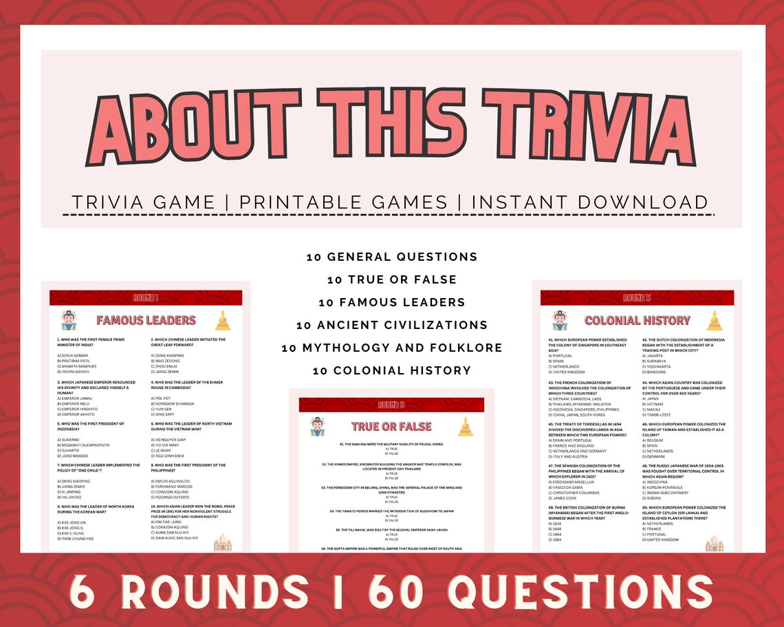 Asian History Trivia | Printable Trivia Game | 60 Trivia Questions for ...