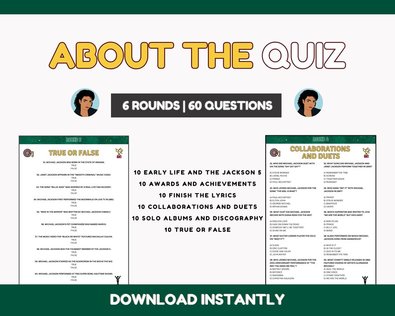 Michael Jackson Trivia Game, Printable Michael Jackson Quiz, King of ...