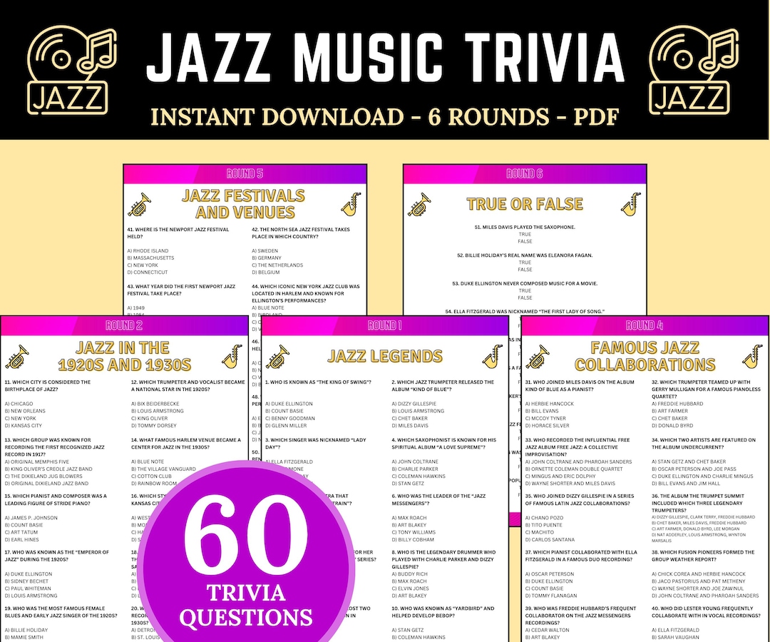 Jazz Music Trivia Game, Printable Jazz Trivia, Music History Quiz, Jazz ...