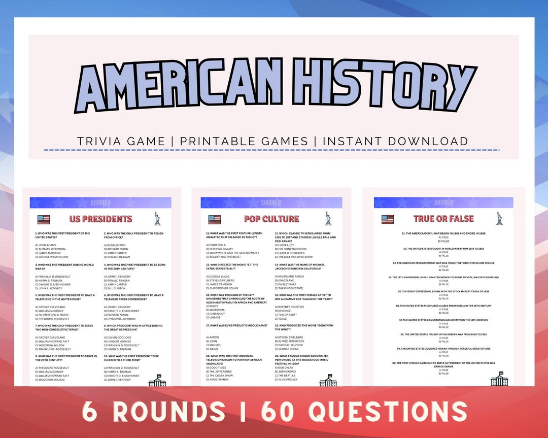 American History Trivia | Printable Trivia Game | Trivia Night ...