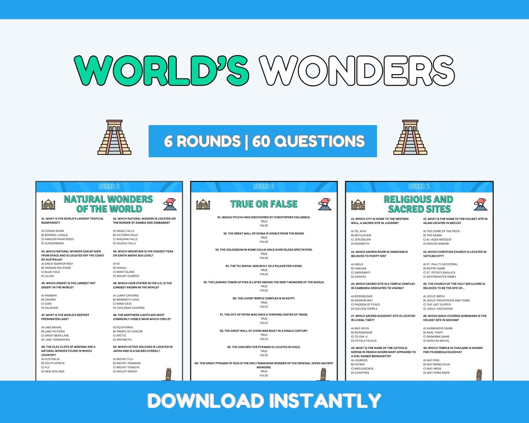 Wonders of the World Trivia Game | Printable Geography Quiz | Landmarks ...